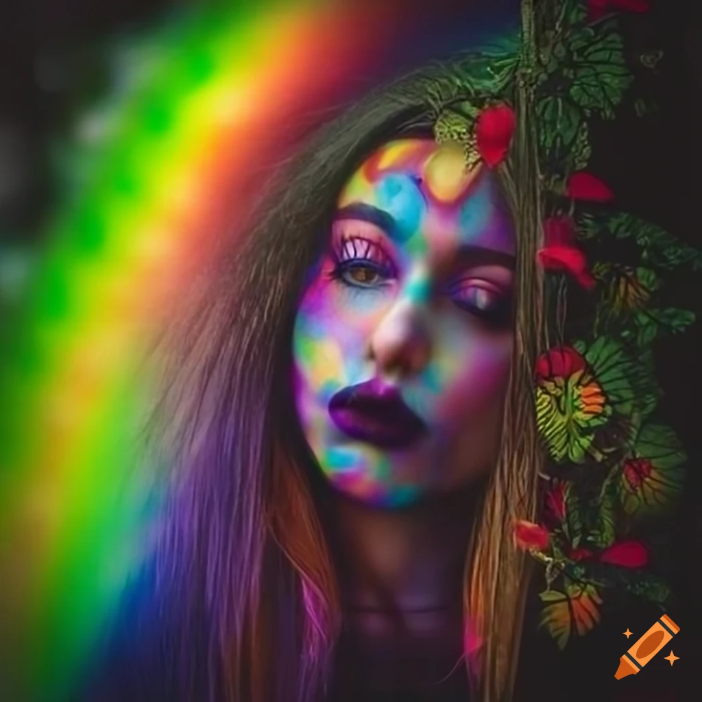 Colorful elements and surreal woman's face in a forest with gothic and ...