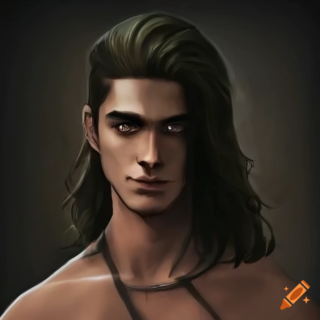 Realistic portrayal of a young man with long hair, green eyes, and a ...