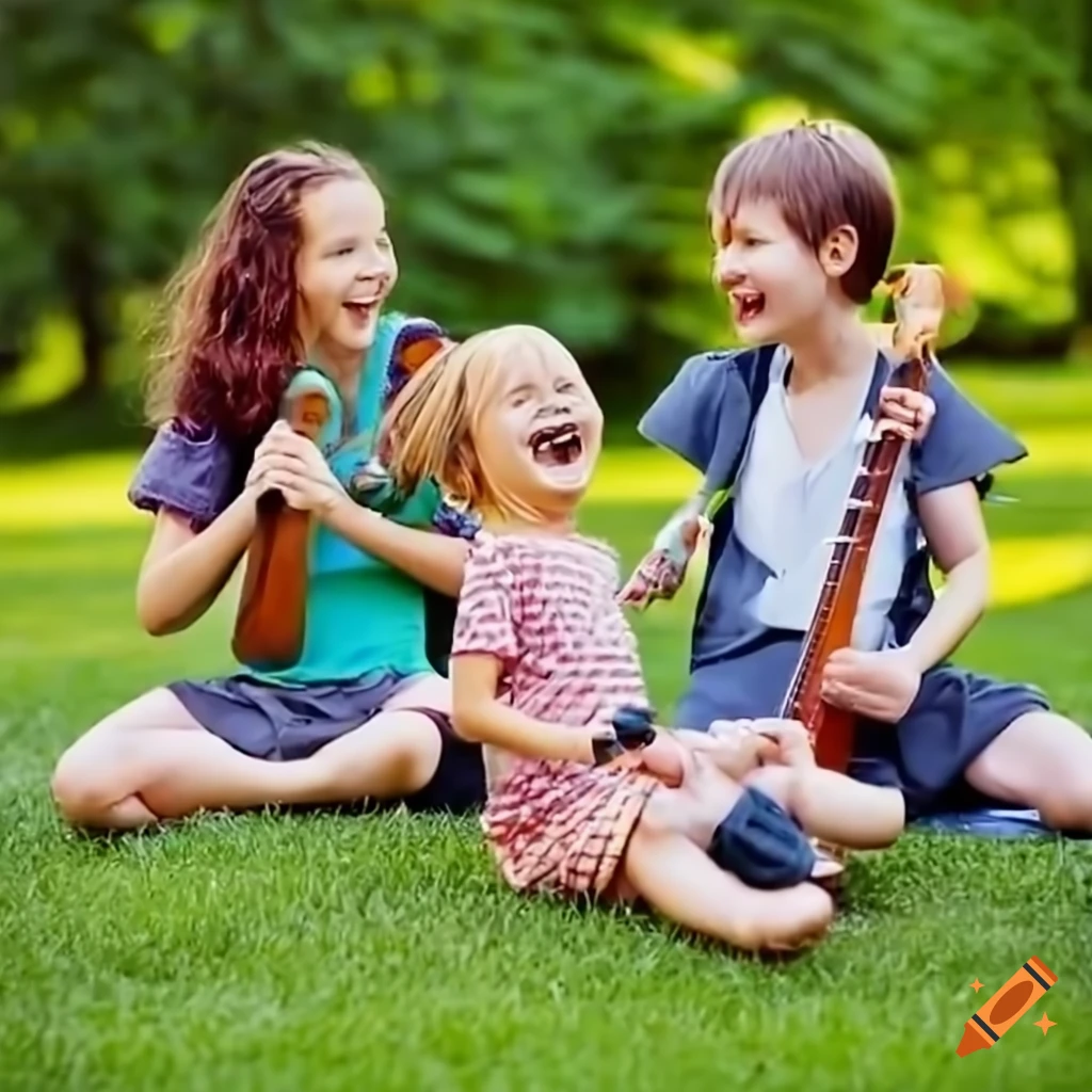 Kids and parents playing music instruments with a cute dog in a sunny ...