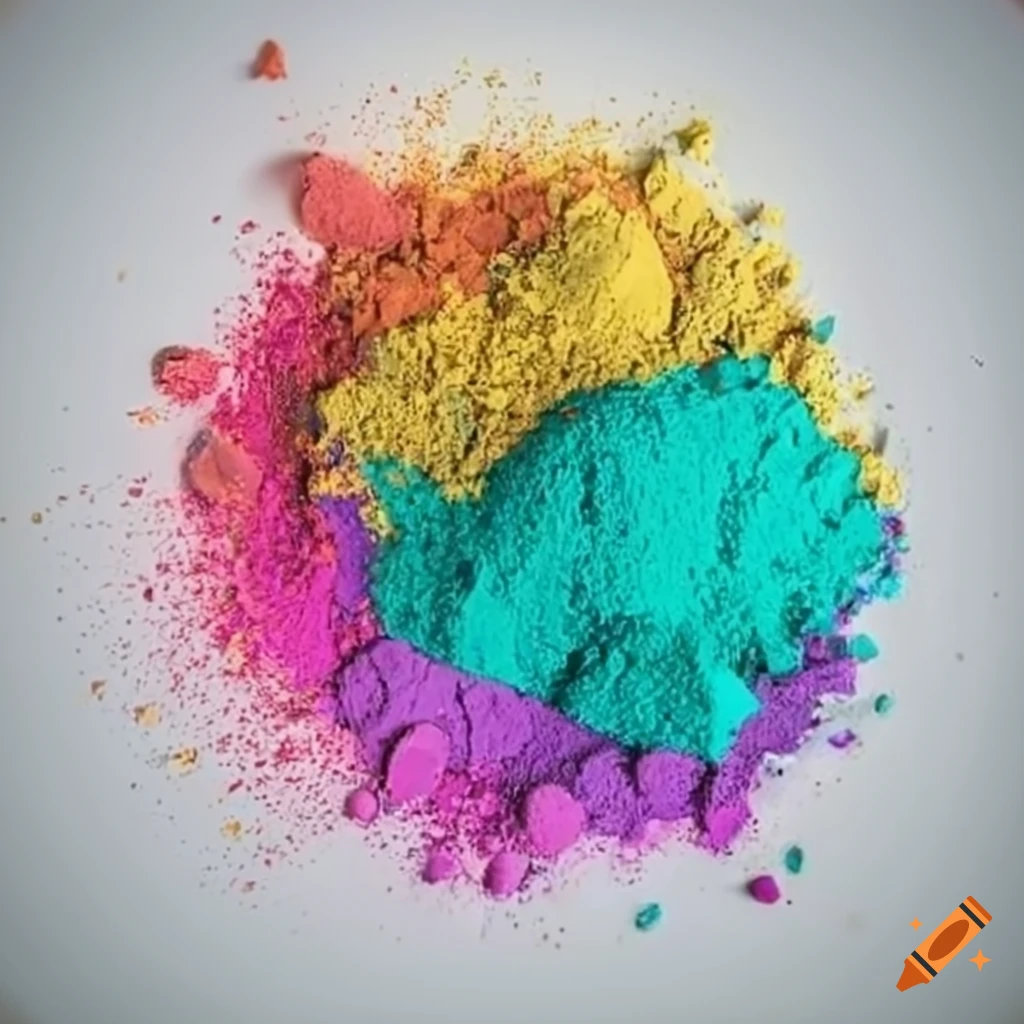 Various colors of powder raw material on a white background on Craiyon