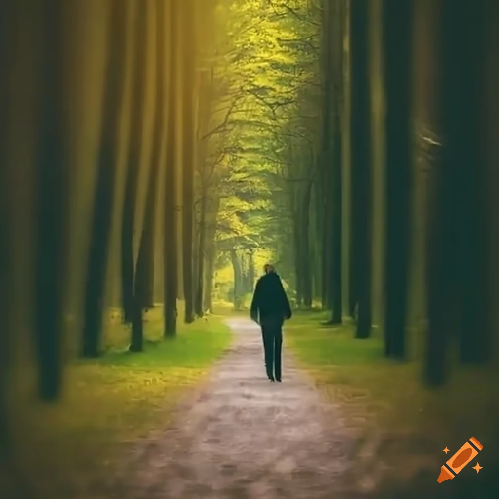 Person with camera walking along a meandering path among trees on Craiyon