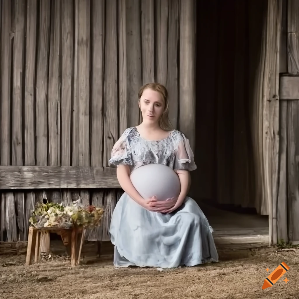 Pregnant woman in midwestern country clothes sitting in front of old ...