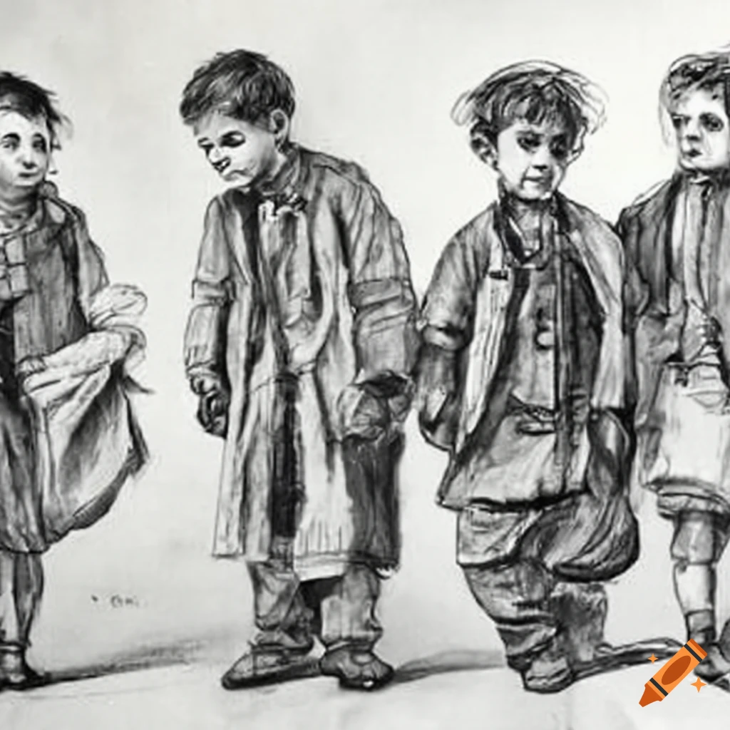 Children in rags in 19th century london slum on Craiyon