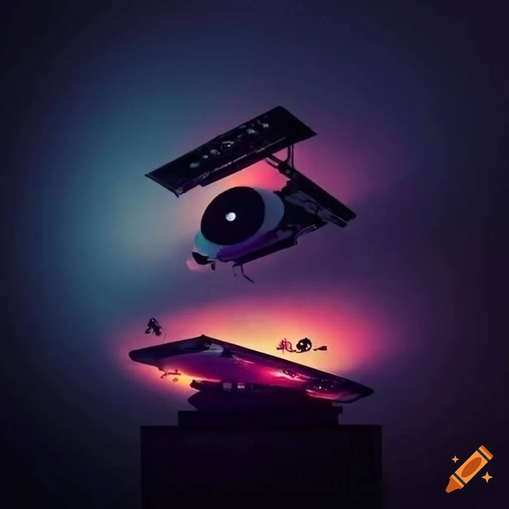 Dj on flying turntables in a spooky sky on Craiyon