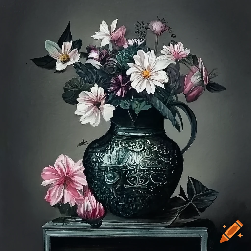 Floral still life in dark baroque style painting on Craiyon