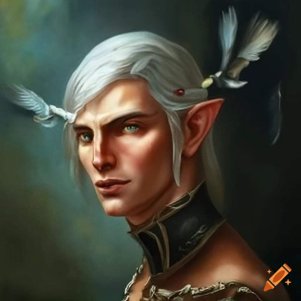 Male elf wielding two weapons with phantom birds on Craiyon