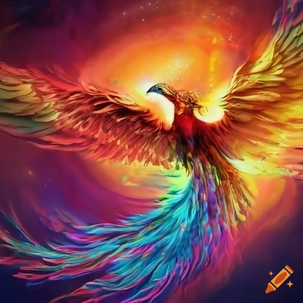 Mythical phoenix soaring through space with vibrant colors and fiery ...