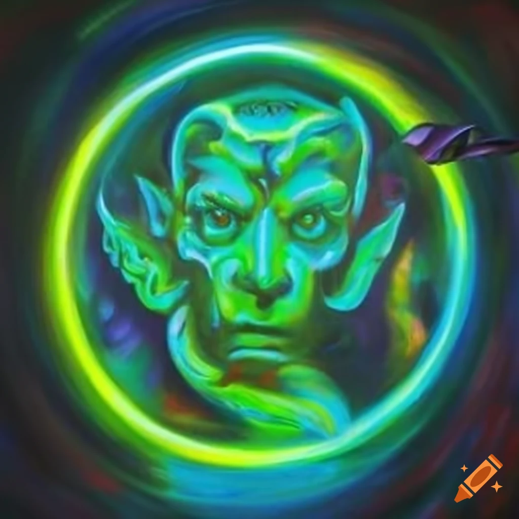 Neon yellow devil in green neon circle on black background on Craiyon