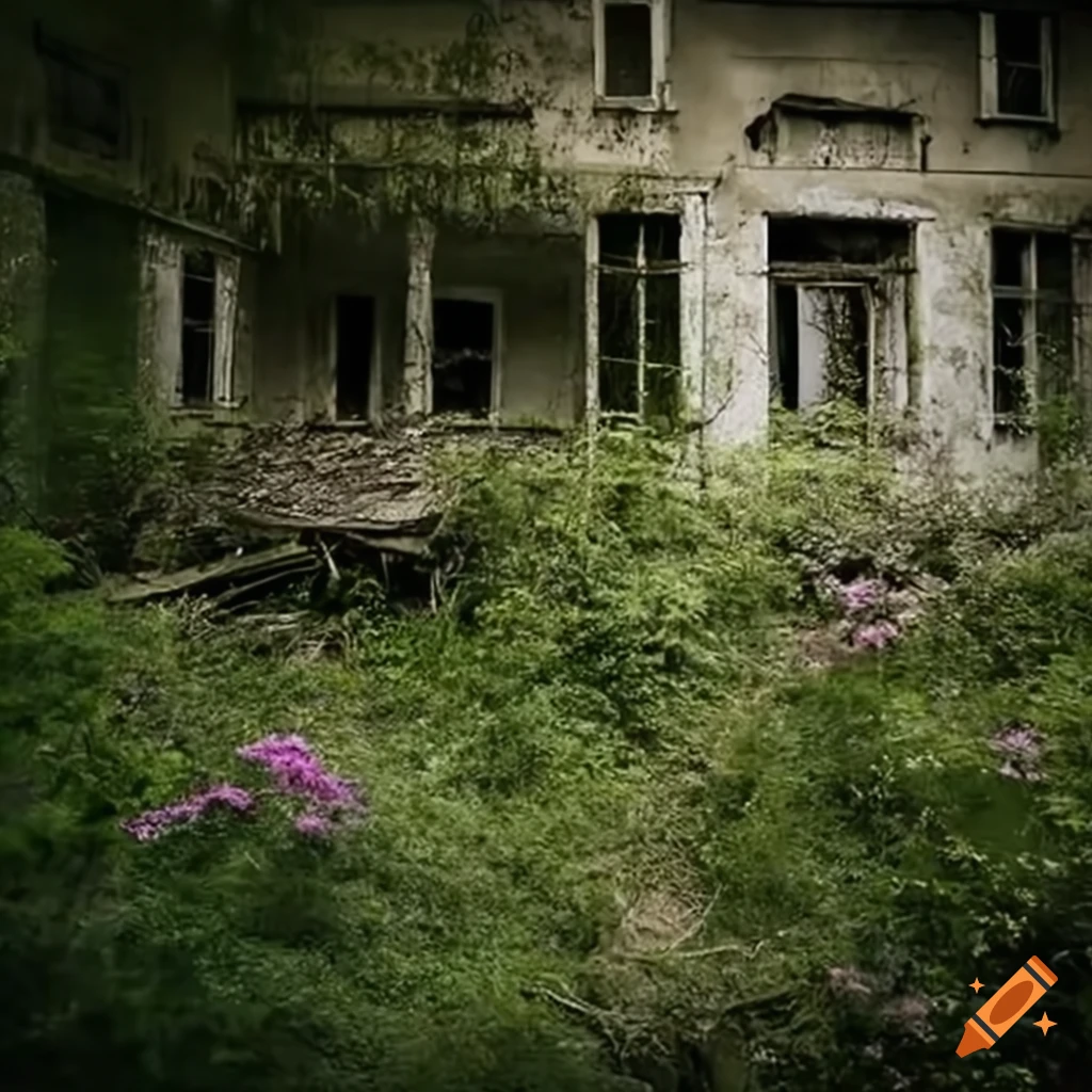 Abandoned concrete house surrounded by overgrown flowers on Craiyon
