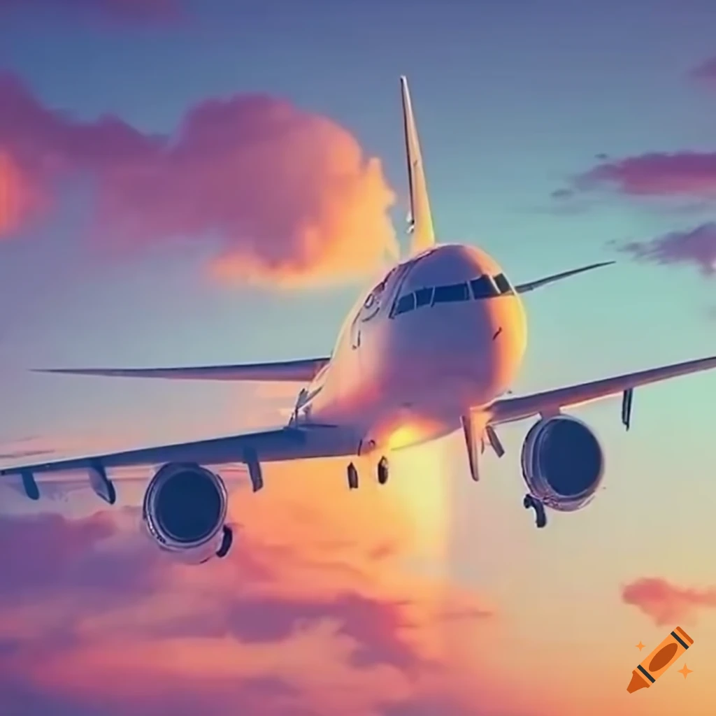 Avión despegando en un aeropuerto al atardecer visto desde atrás on Craiyon