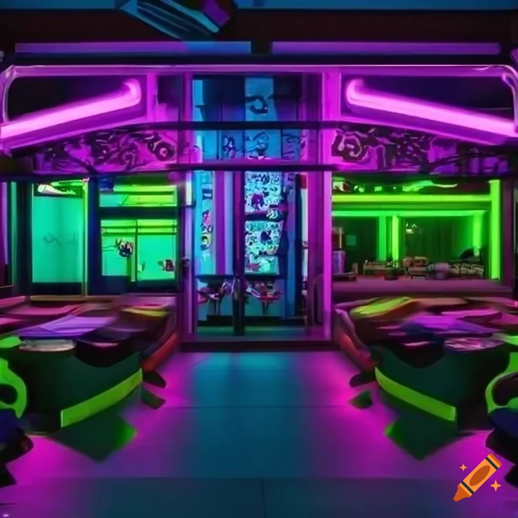 Hi-tech gamer style in a coffee shop with neon exterior on Craiyon