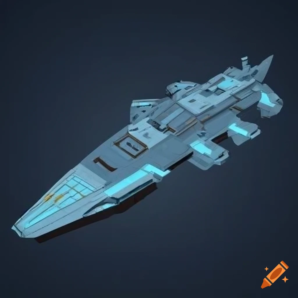 Isometric hyperdetailed futuristic destroyer warship with a sword shape on Craiyon