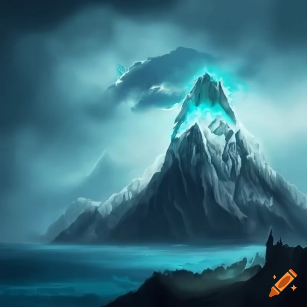 RPG fantasy mountain reaching into the clouds with ocean on the left ...