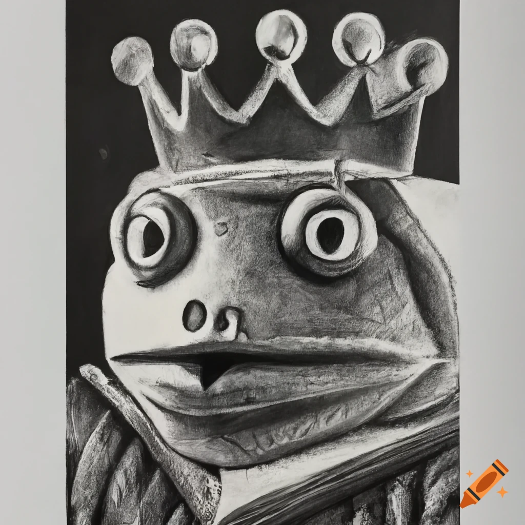 Frog wearing a crown in a mixed-media artwork on Craiyon