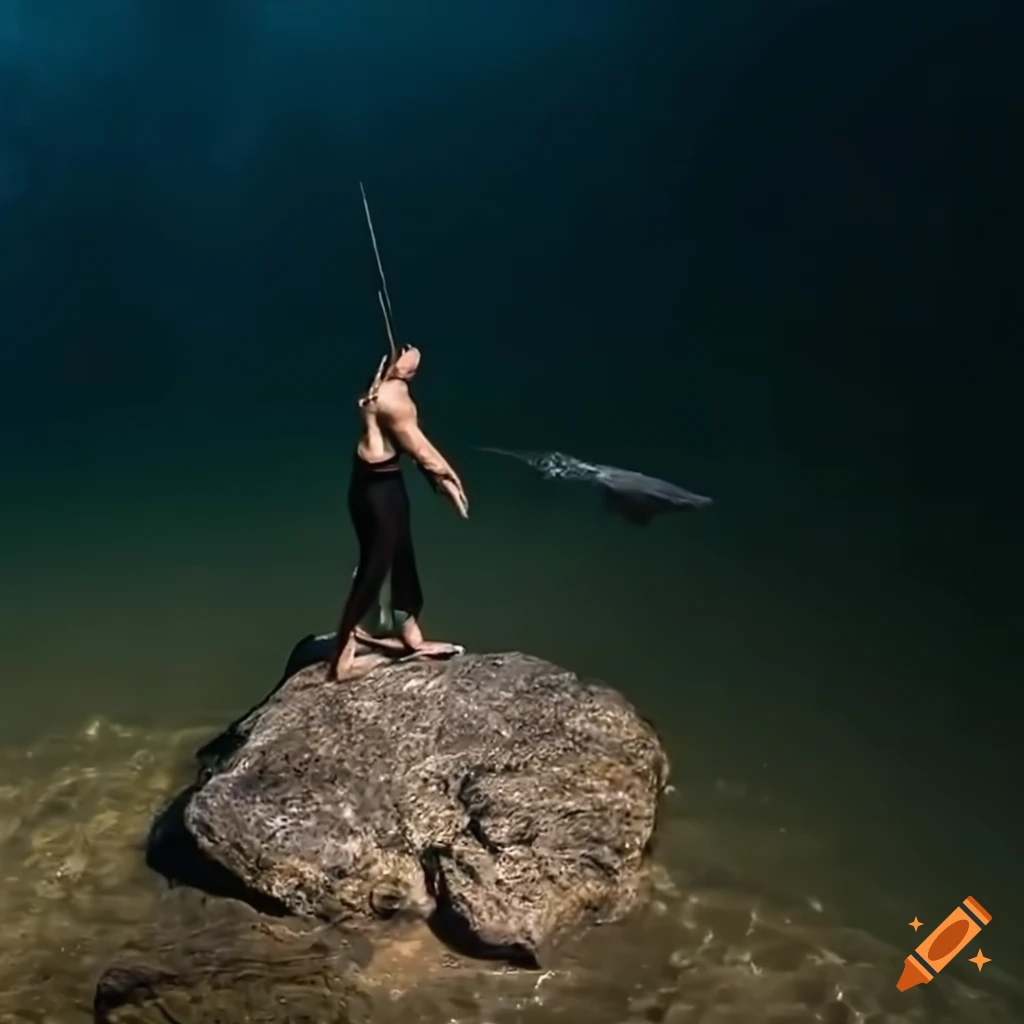 Person fishing with a spear at a lake shore on Craiyon