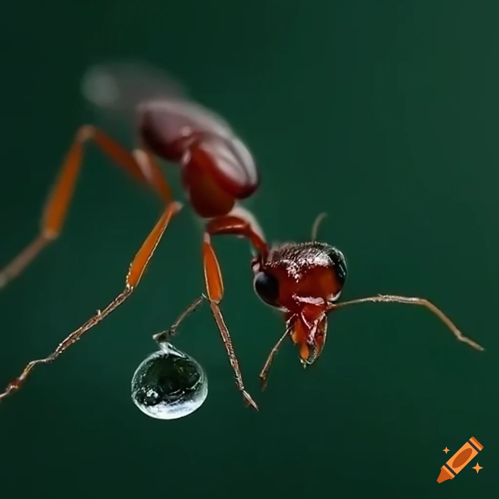 Ant drinking from a water drop in hyper realistic style on Craiyon