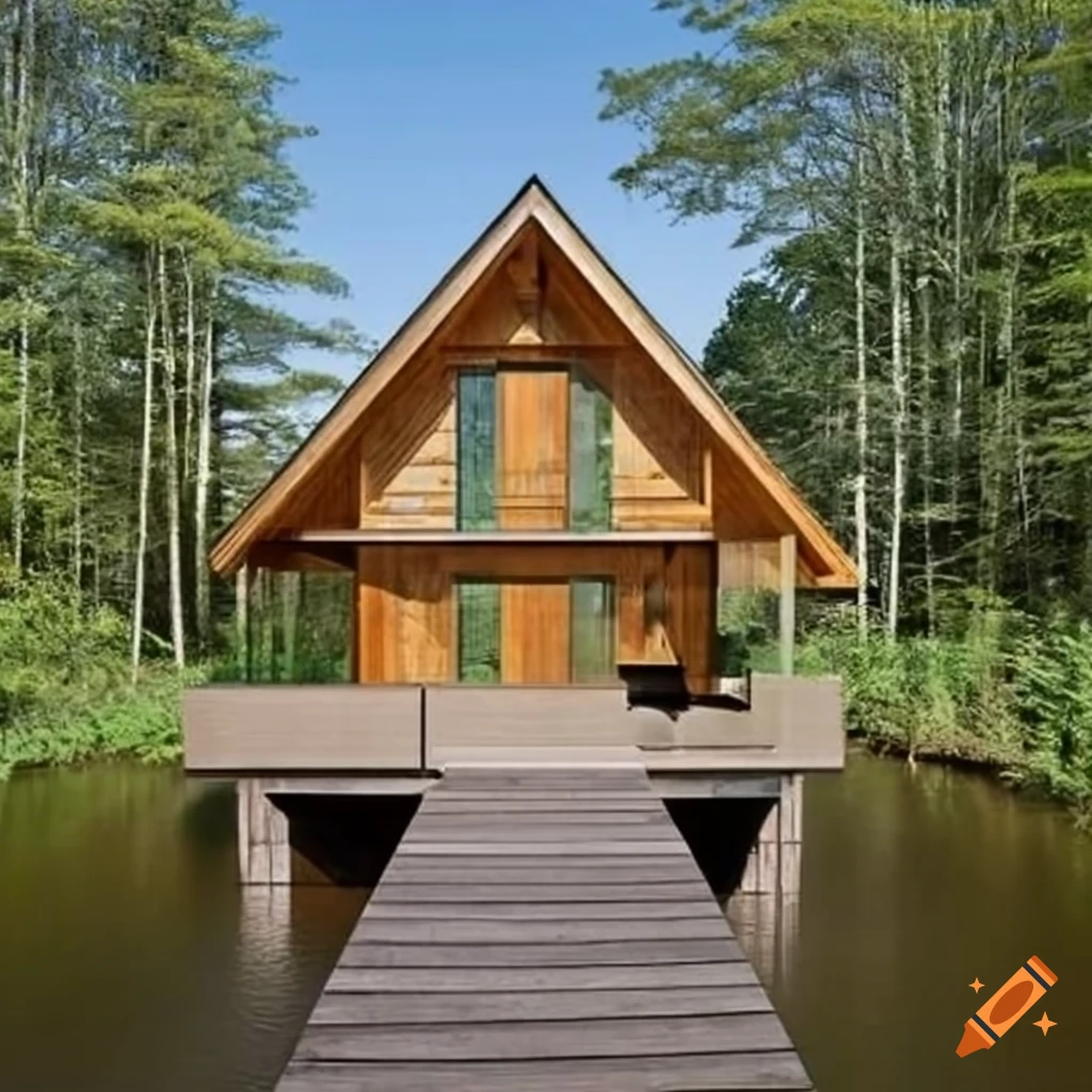 Contemporary timber houses on stilts with raised walkway on a lake in a ...