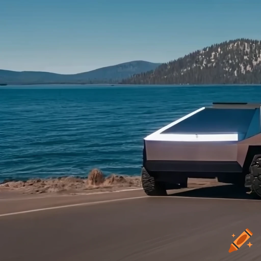 Tesla cybertruck on a road trip through lake tahoe scenery on Craiyon