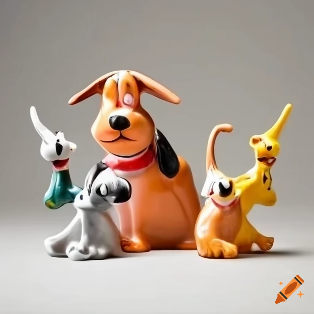 Three ceramic dogs playing with toys in looney tunes style on Craiyon