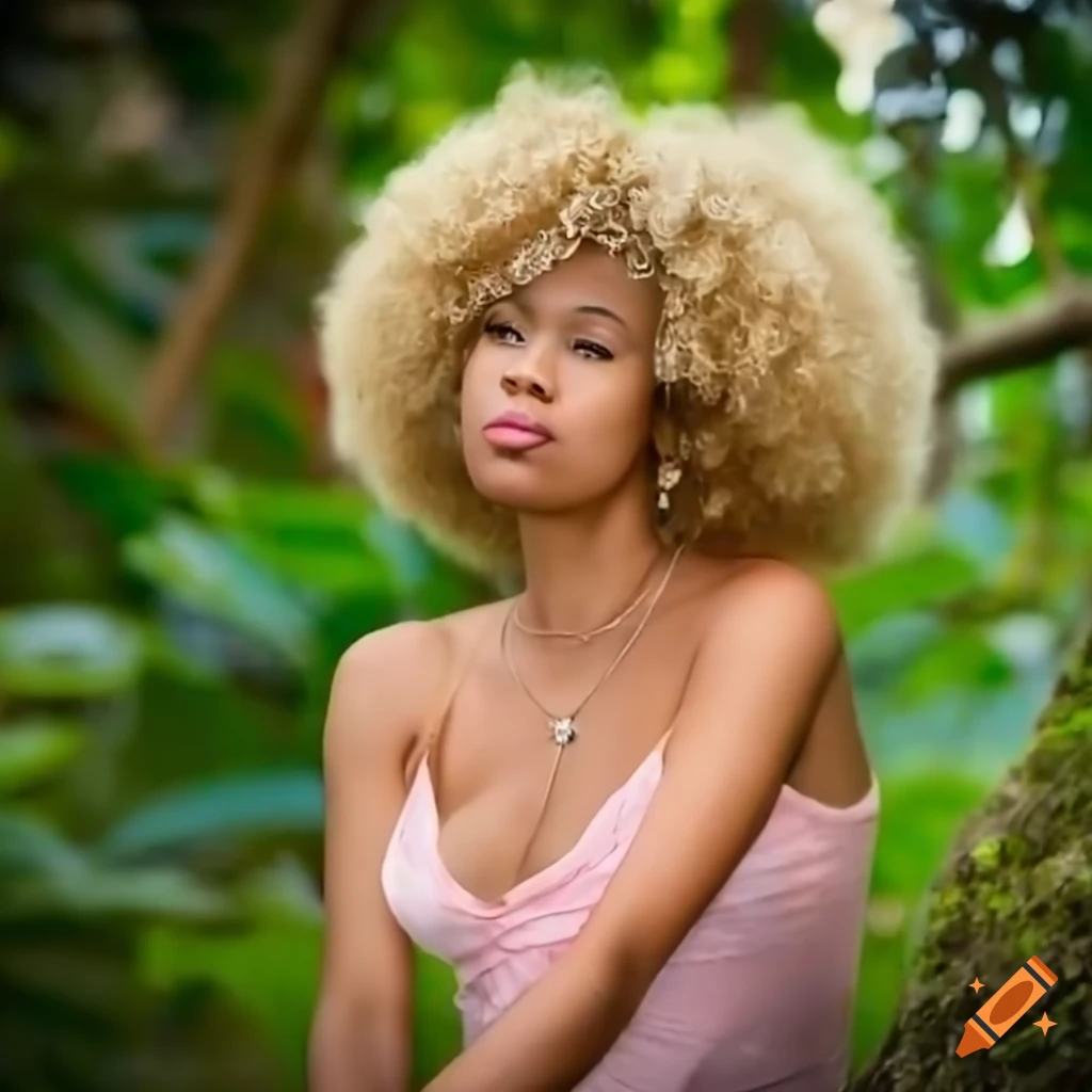Tahitian lady with afro blonde hair leaning on a tree on Craiyon