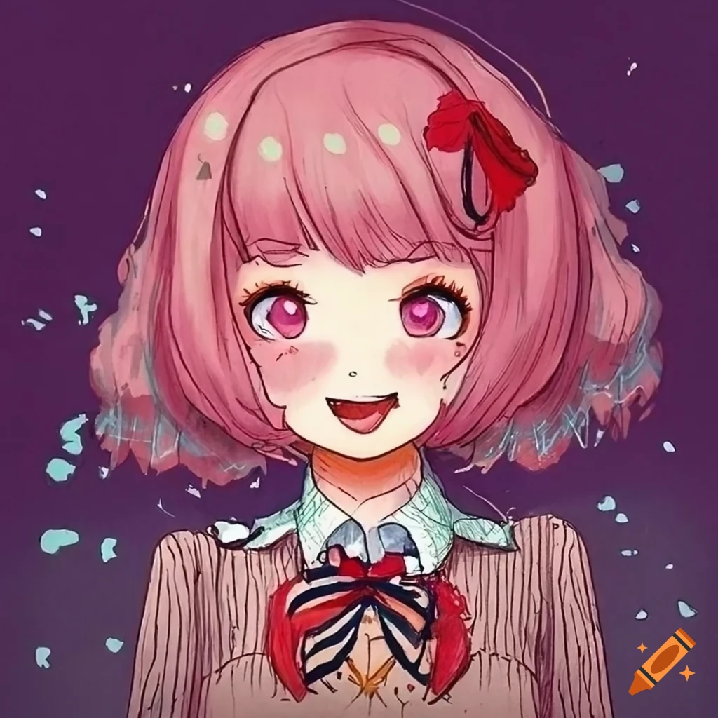 Manga Fluffy doodle Natsuki with chicken ink drawing on Craiyon