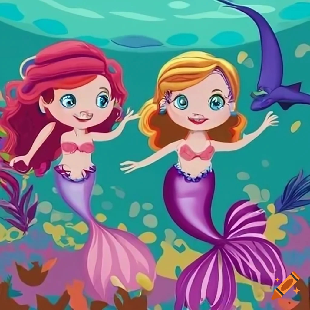 Two mermaids playing in colorful underwater scene with oceanic flora ...