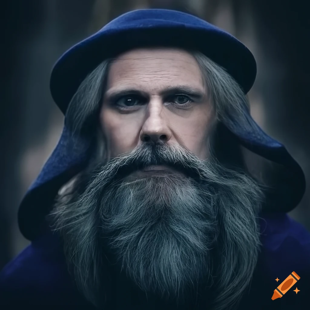Friendly adult wizard with a long grey beard and blue hat in a forest ...
