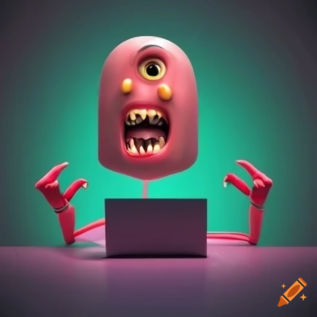 Computer with arms and legs and evil face on Craiyon