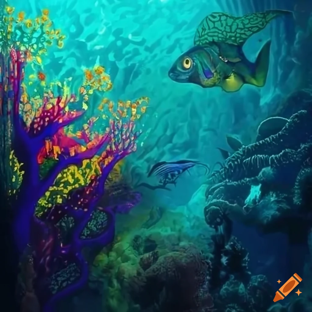 Underwater tapestry of vibrant fish, coral, and mythical creatures with ...