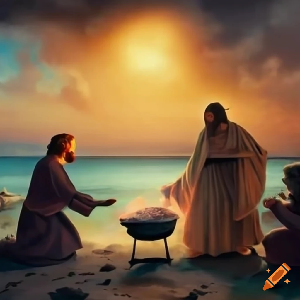 Scene of Jesus and Peter overlooking the beach with cooked fish on ...