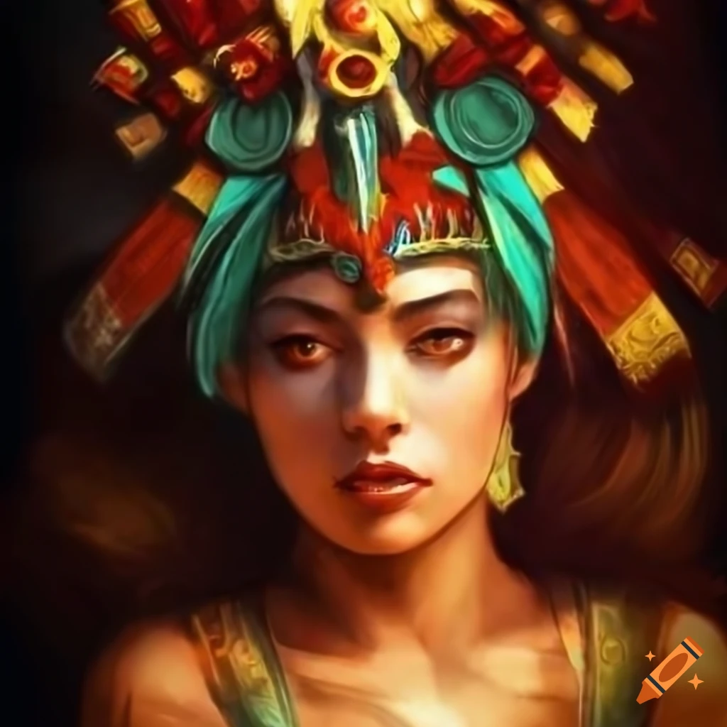 Young beautiful Aztec priestess in a surreal fantasy setting on Craiyon