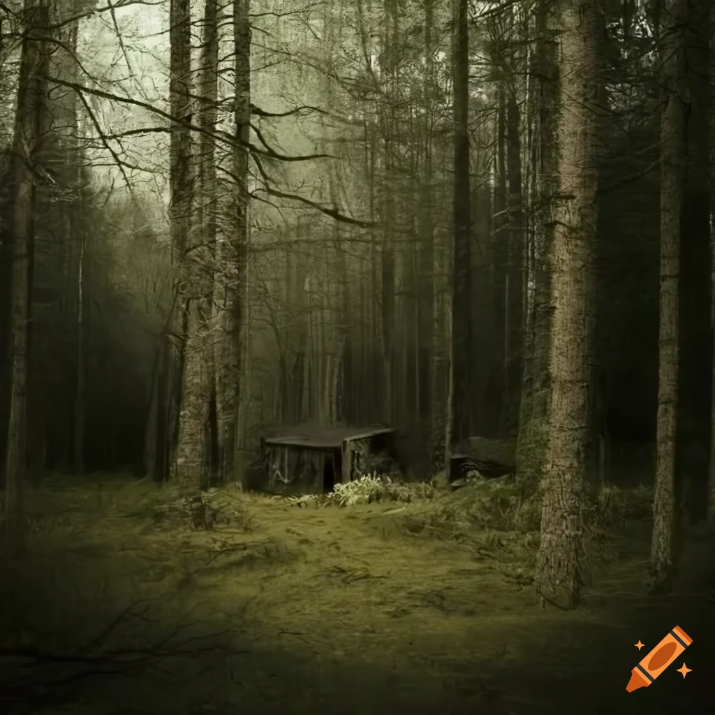 Cabin in an abandoned wilderness, overgrown with nature, mountains and ...