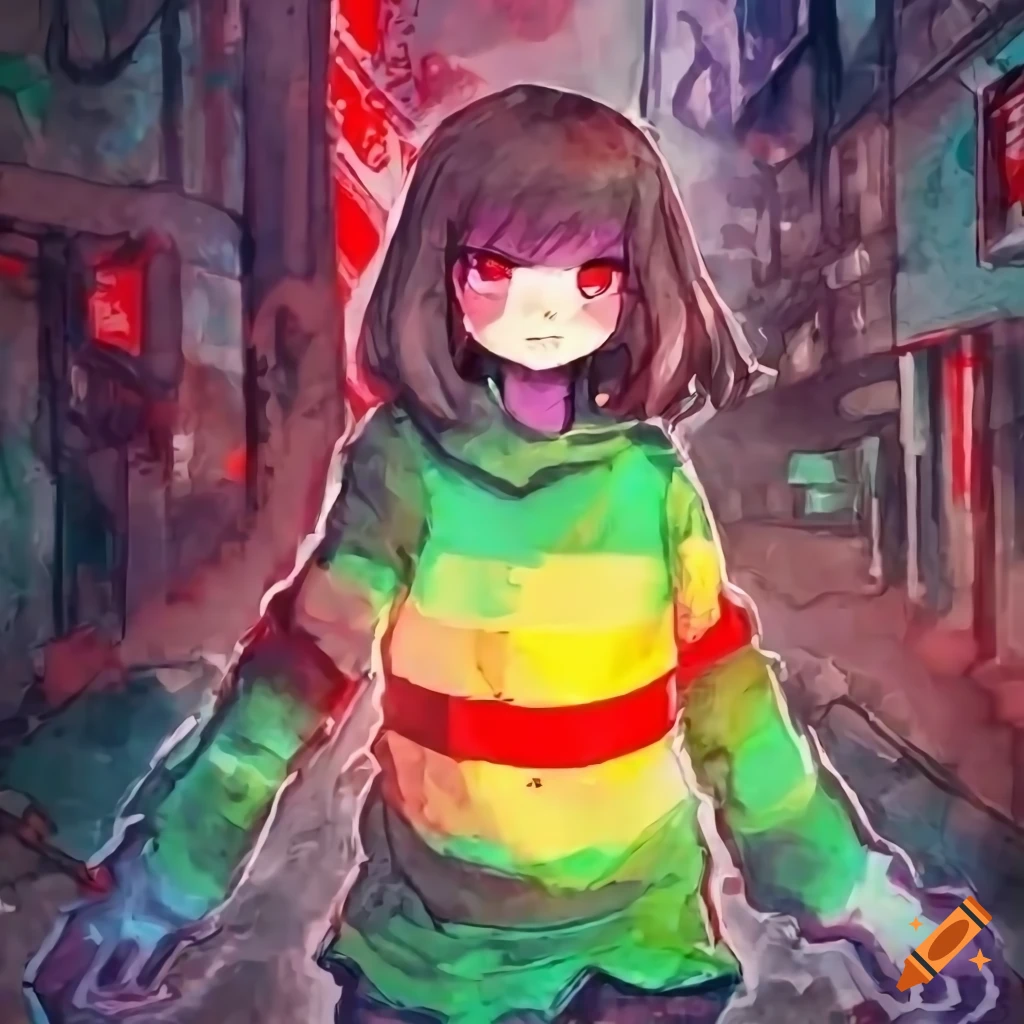 Chara from Undertale walking through a cyberpunk alley with glowing red ...