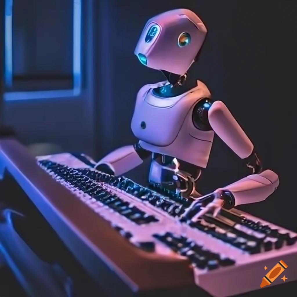 Futuristic robot keyboardist with illuminated keys in a dimly lit ...