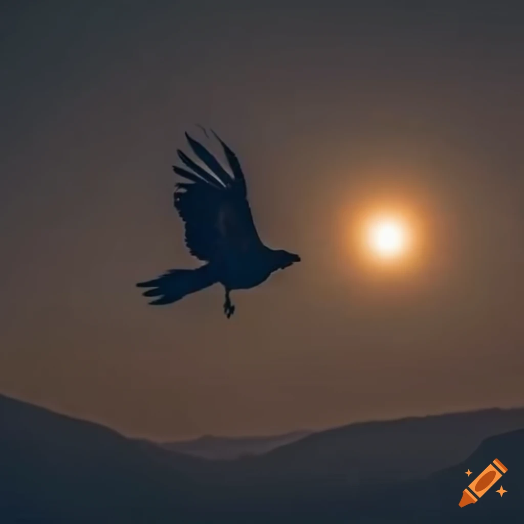 Raven flying over a valley with the sun in its mouth on Craiyon