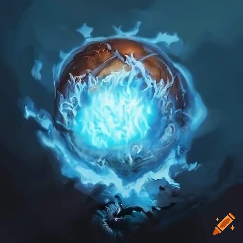 Frostfire ball impact with magical effects in a fantasy setting on Craiyon