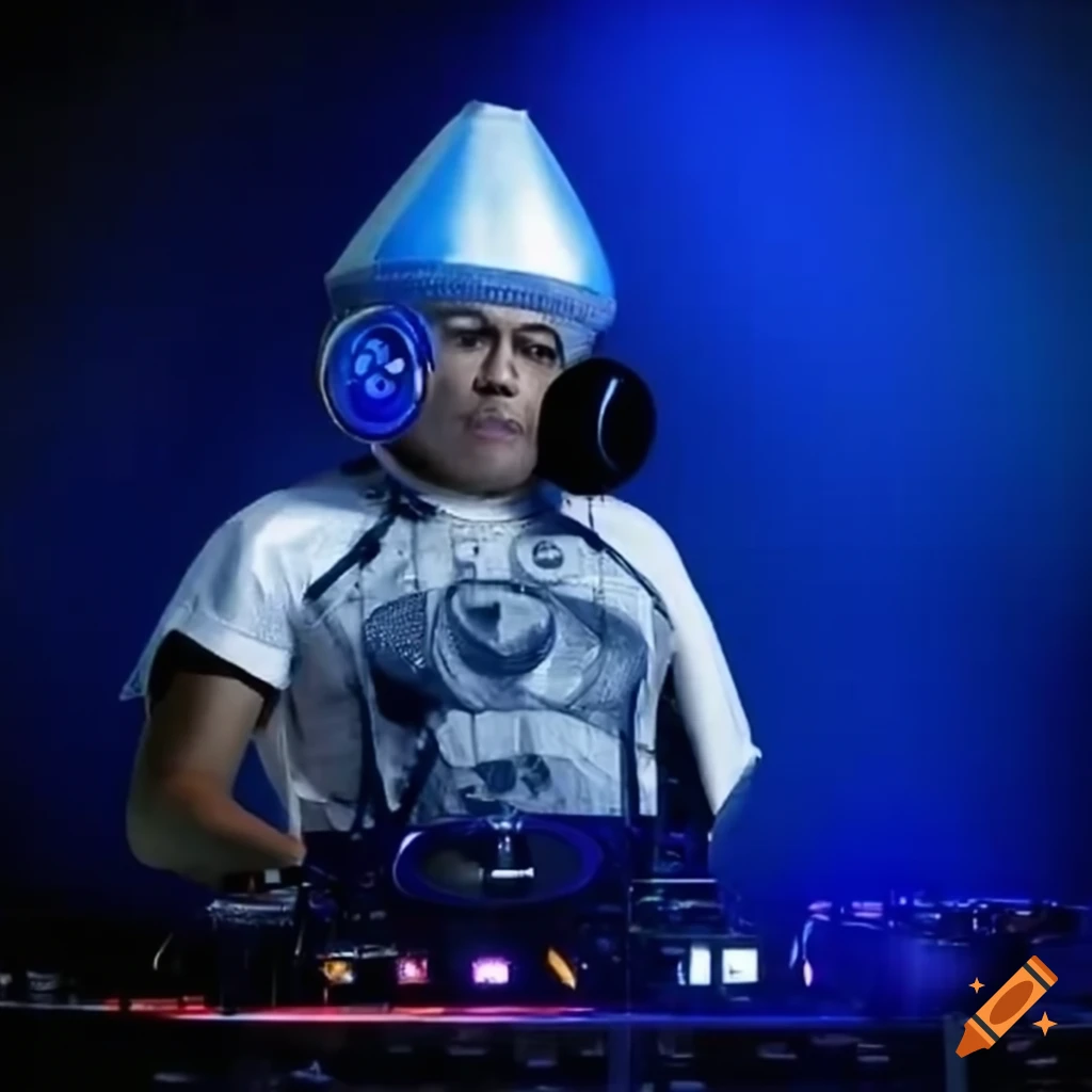 Blue-man dj performing on a silver stage on Craiyon