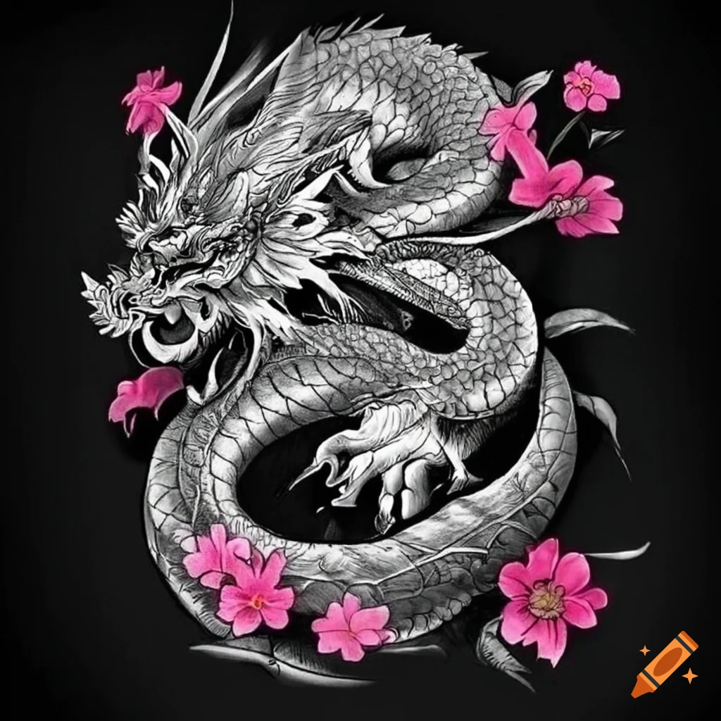 Angry japanese dragon with pink flowers tattoo on Craiyon
