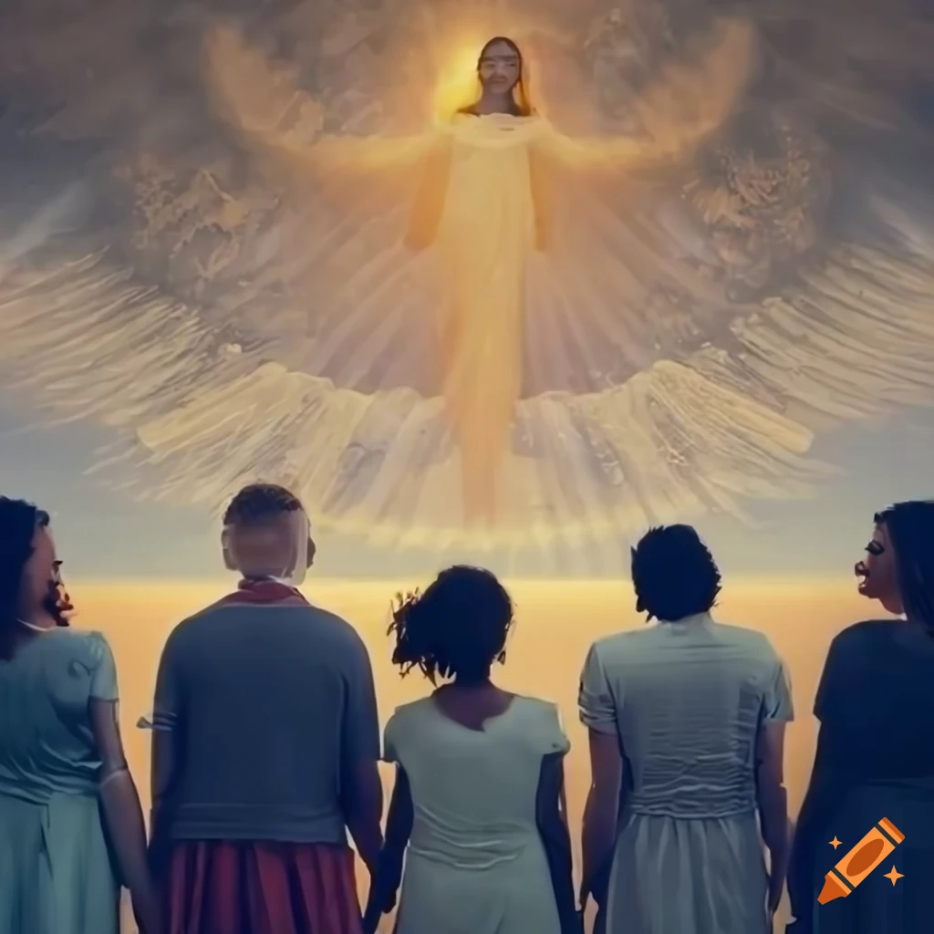 Diverse group of angelic people in front of heaven in 2d digital art on ...