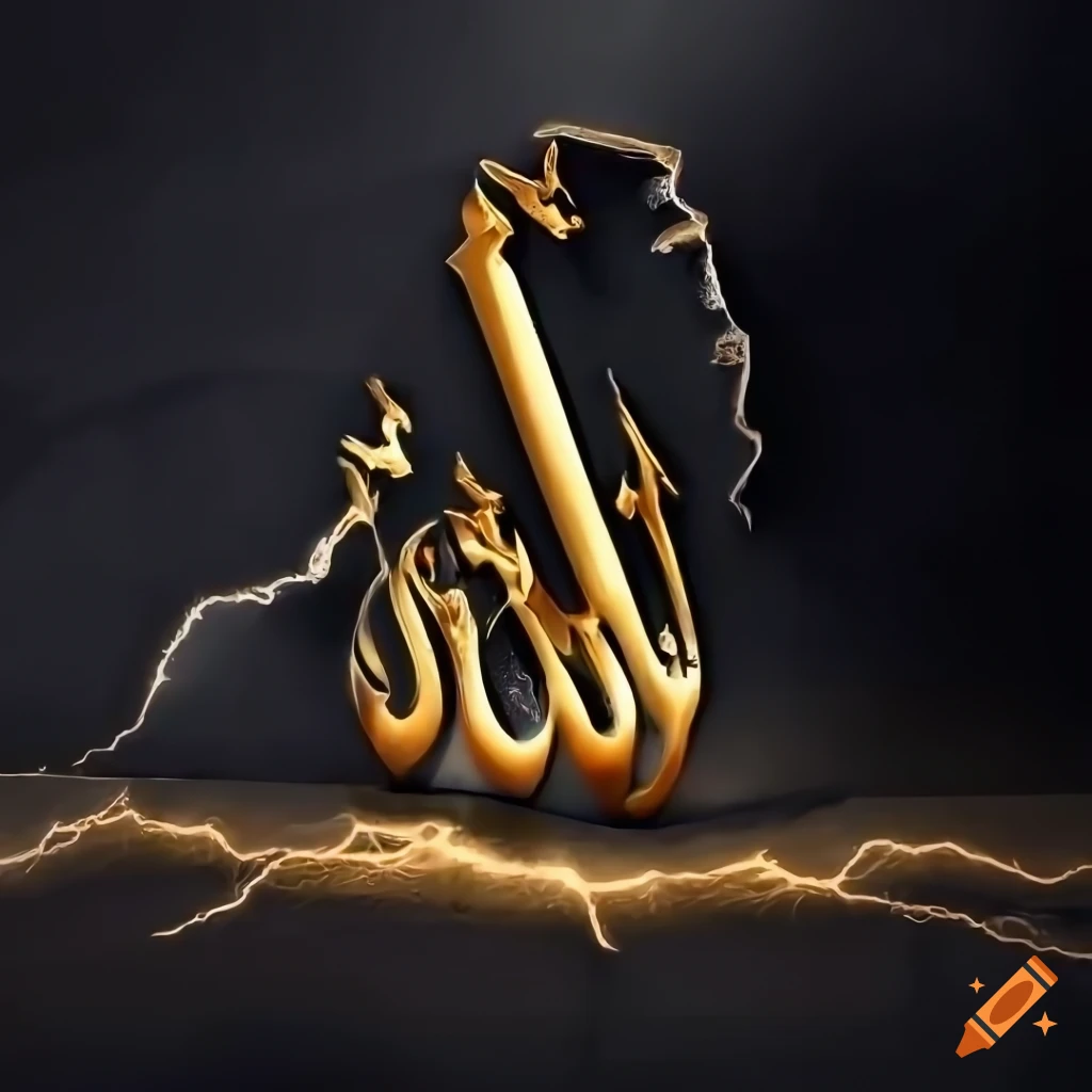 Close up of gold "Allah" calligraphy on marble floor with studio ...
