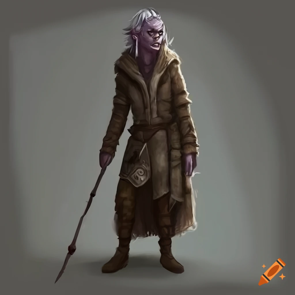 Earth genasi druid with crystal hair and gnarly staff on Craiyon