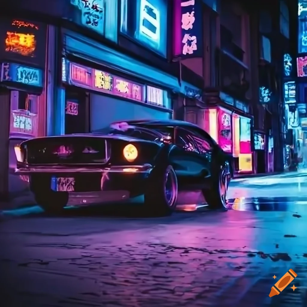 Classic mustang cruising through tokyo streets at night with neon ...