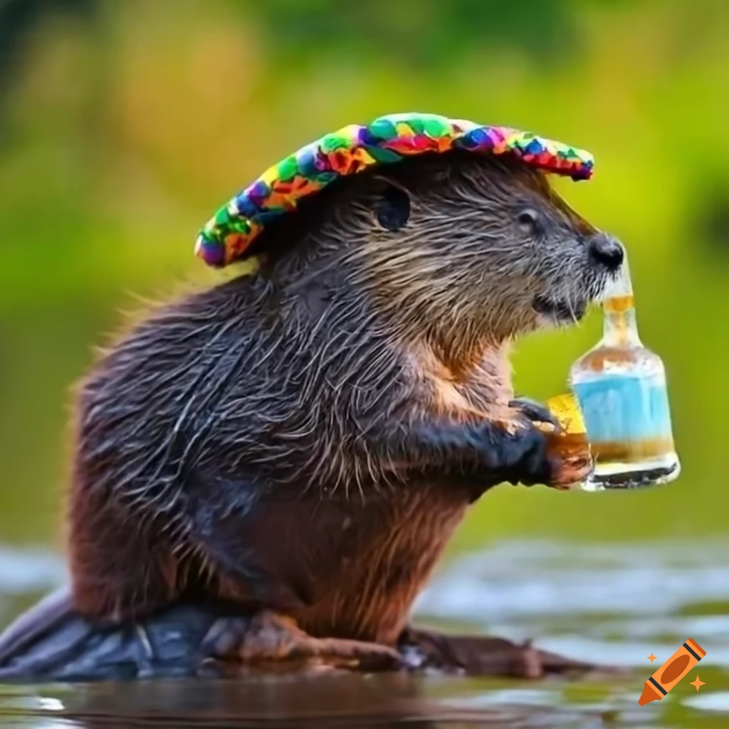 Playful river beaver wearing a traditional mexican hat by the water ...
