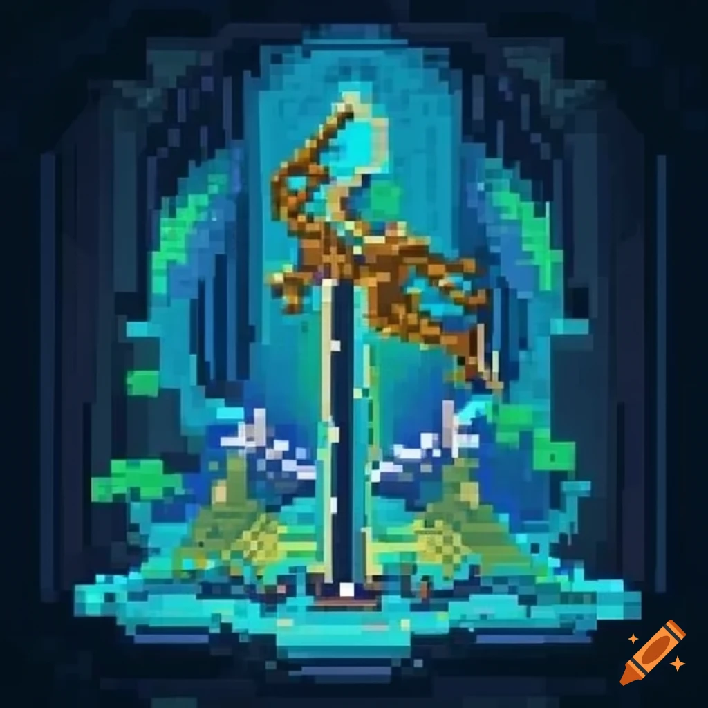 Magical glowing pixel art of Excalibur on Craiyon