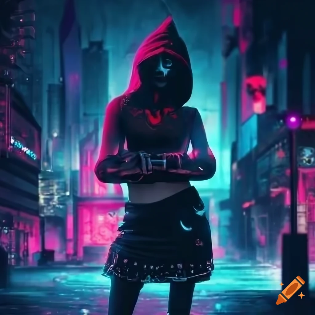 Cyberpunk goth girl with glowing red eyes standing in front of a ...