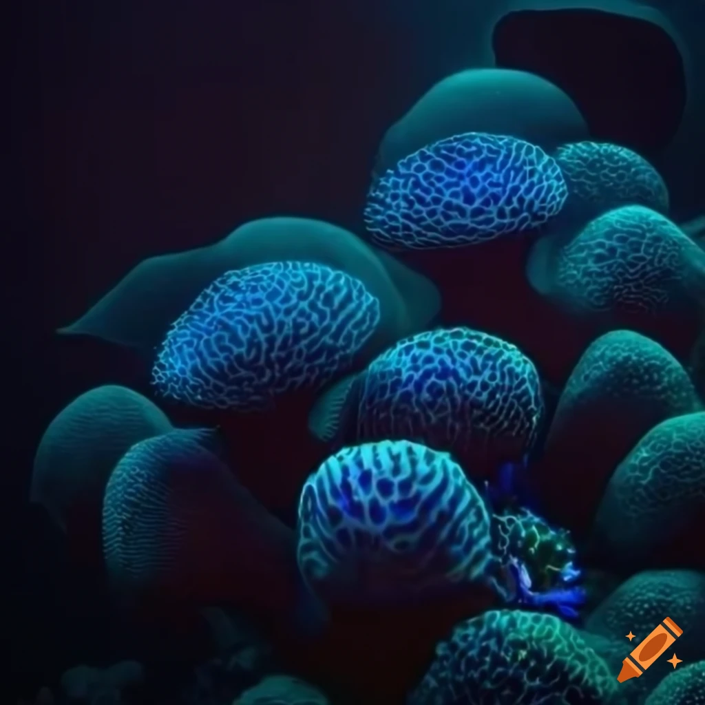 Underwater coral reef with deep blue and black colors on Craiyon