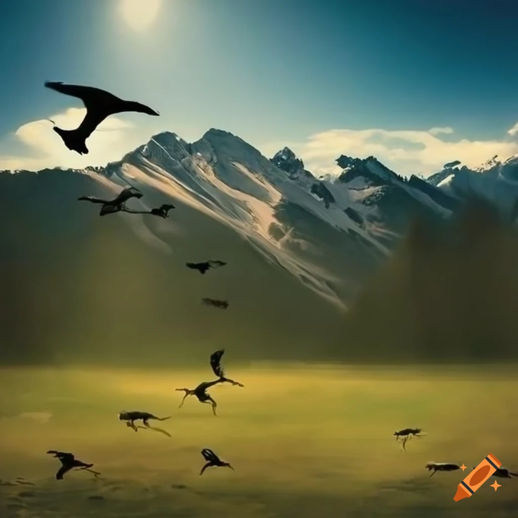 Birds flying over mountain landscape with wildlife on Craiyon