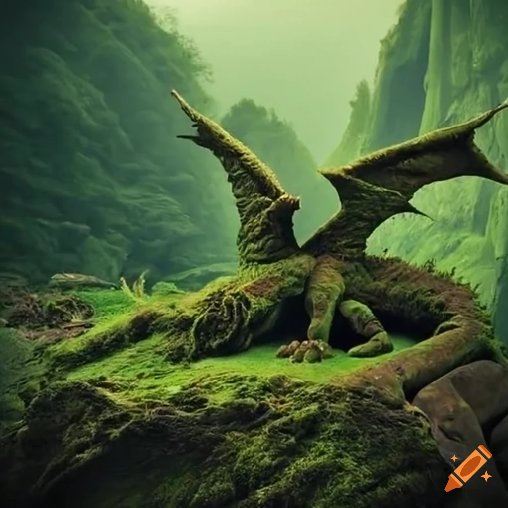 Stone moss dragon sleeping in the hills on Craiyon