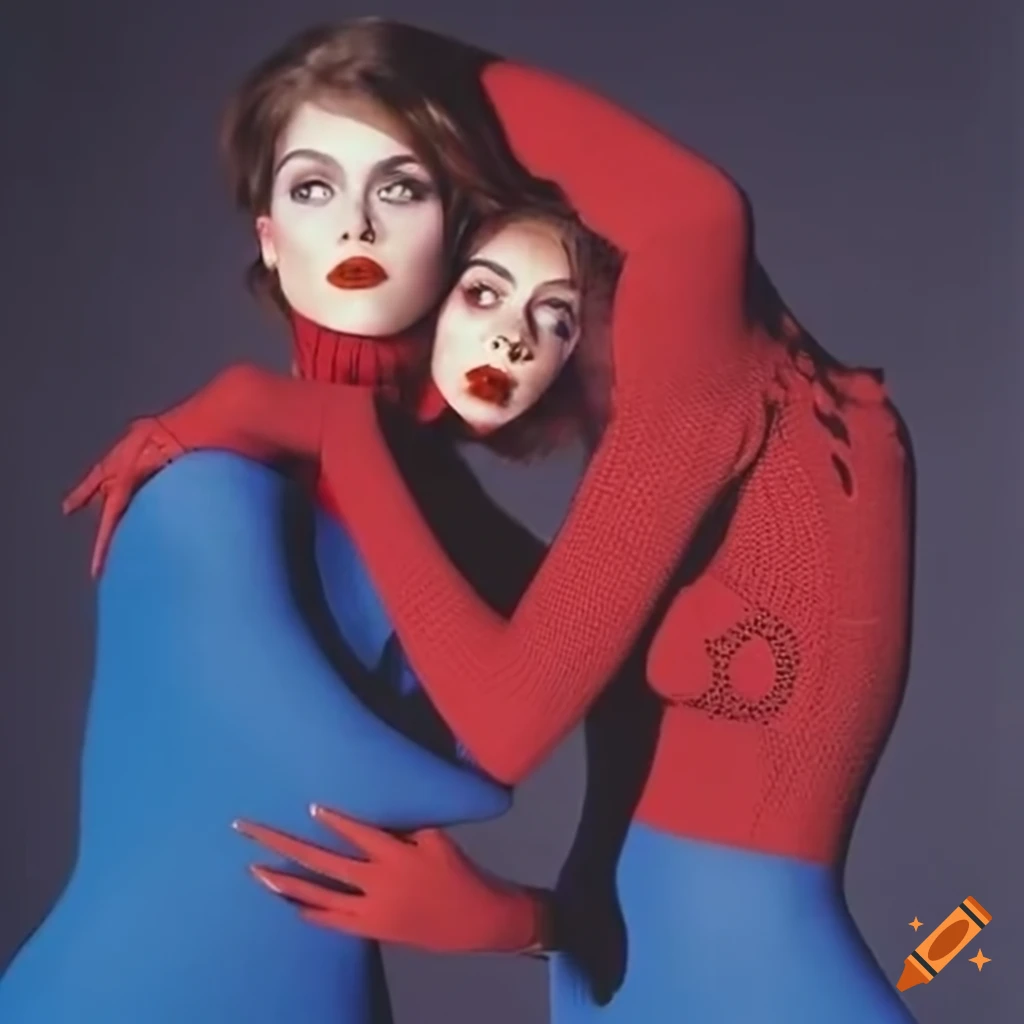 Unique two-headed woman illusion with connected red turtleneck sweater ...