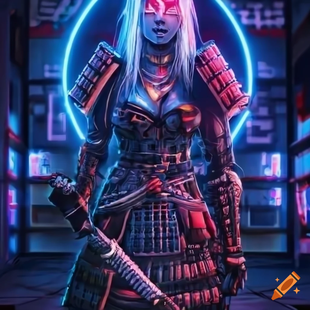 Cyberpunk oni samurai woman with cobalt blue armor and glowing red ...